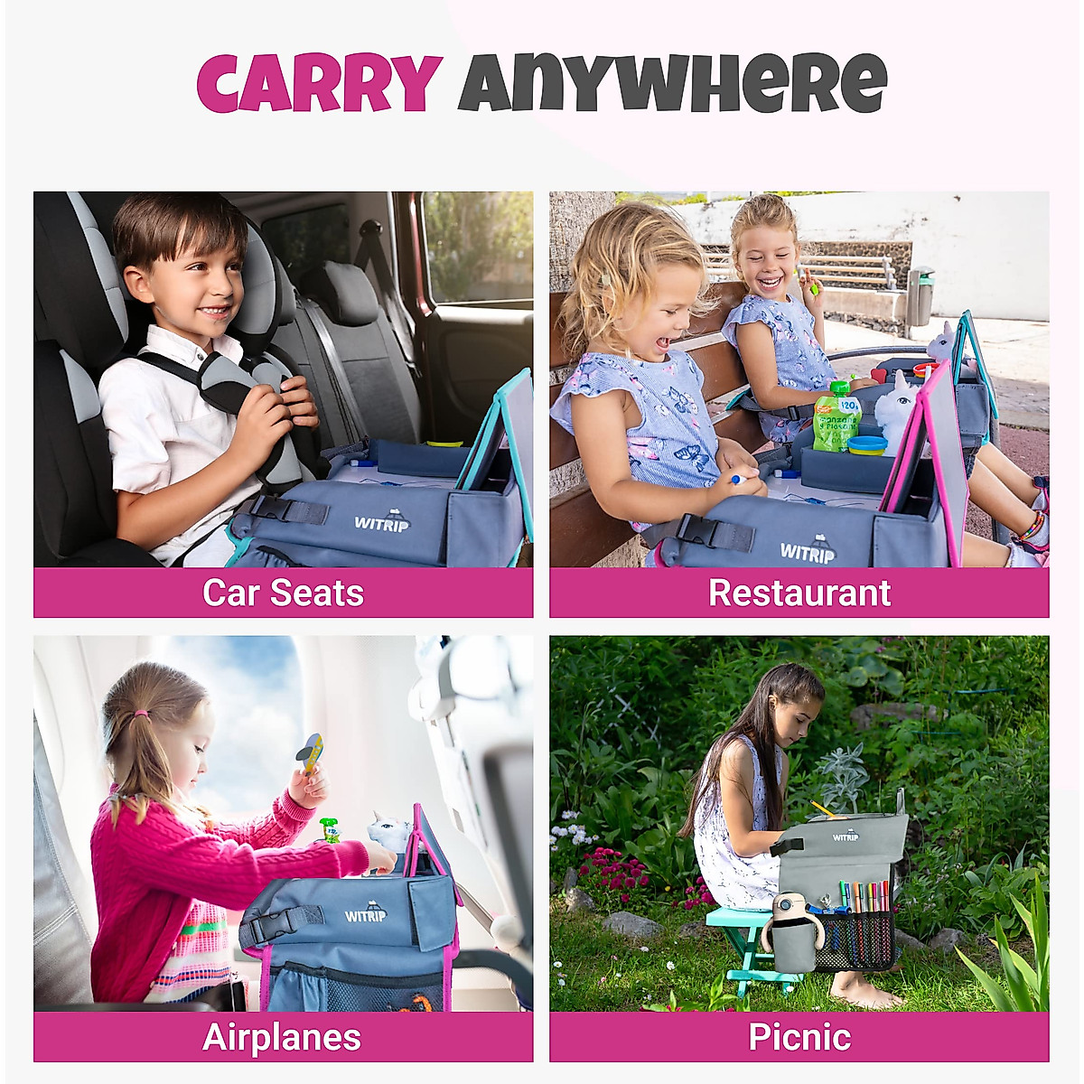 Kids Travel Tray with Dry Erase Board, Car Seat Lap for Food & Play Activity, Carseat Table Trays for Toddler, Kid Activity Desk for Air Travel, No-Drop Tablet Holder & Borders (Grey with Pink Frame)