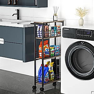 LUMAMU Slim Storage Cart for Small Spaces, 4 Tier Mobile Rolling Cart with Wheels Slide Out Storage Utility Shelves Cart with Wooden for Kitchen Narrow Spaces