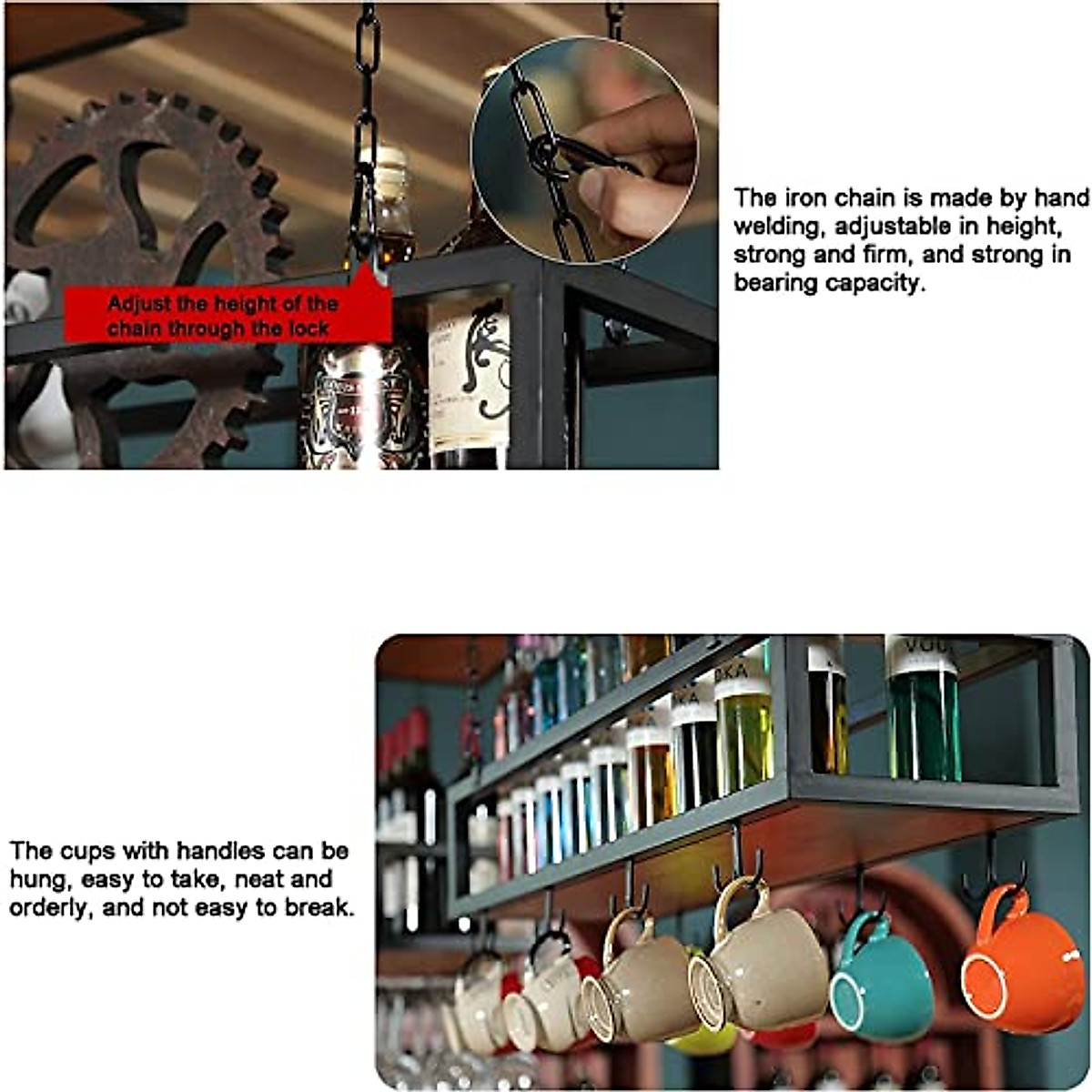 BUYFKG Industrial Ceiling Wine Rack, Iron Solid Wood Ceiling Wine Holder, with 1m Long Iron Chain Industrial Retro Shelves, Restaurants/Bar/Kitchen Storage Shelf (Size : 80cm)