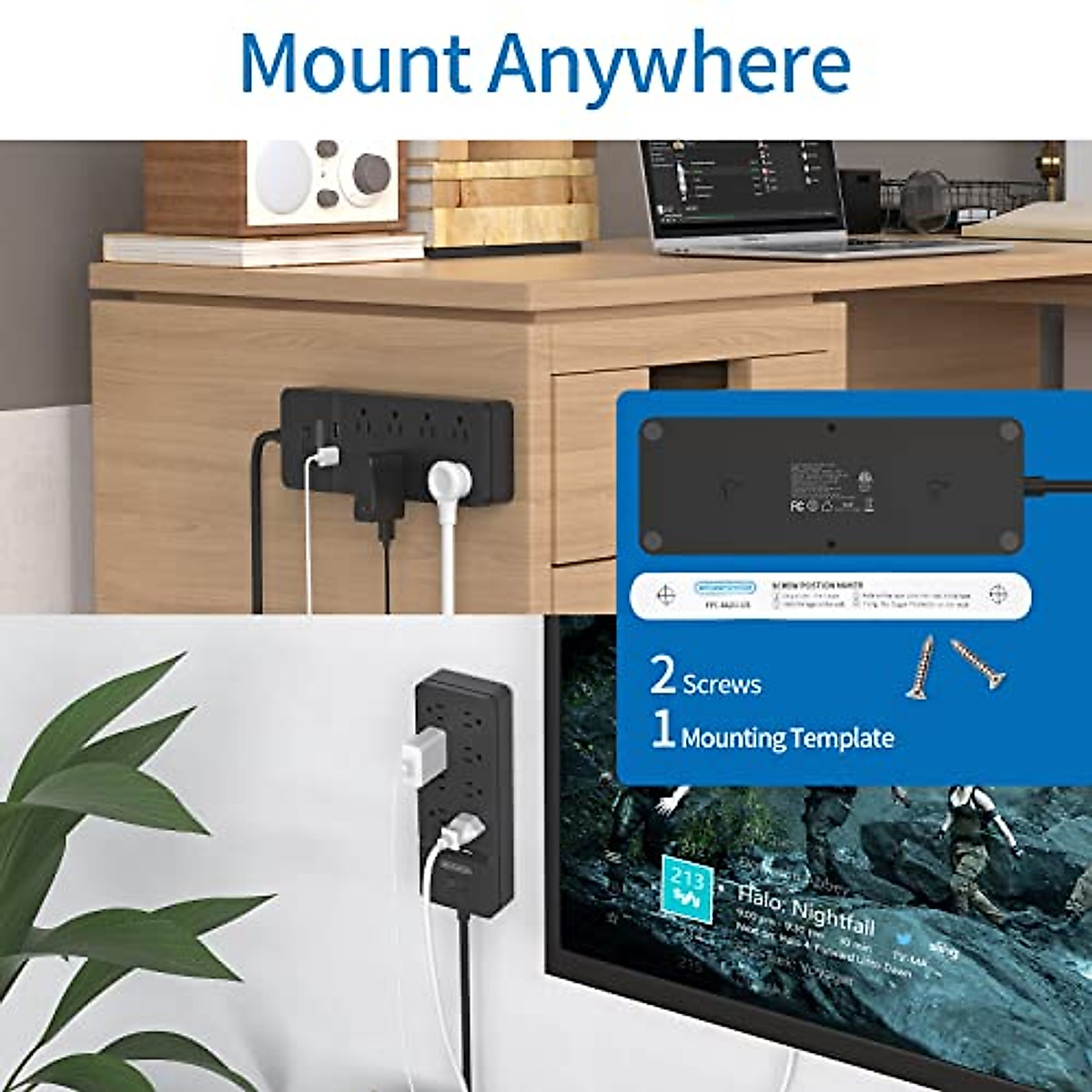 25 ft Extension Cord Flat Plug, NTONPOWER 8 Outlet Surge Protector Power Strip with USB Ports, 15A Circuit Breaker, Wall Mount Surge Protector for Home, Office, Workbench or Garage, ETL Listed, Black