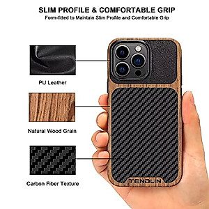 TENDLIN Compatible with iPhone 14 Pro Case Wood Grain with Carbon Fiber Texture Design Leather Hybrid Slim Case Black
