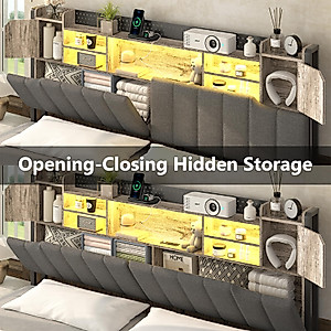 Dnxao King Size Bed Frame and Bookcase Storage Headboard, LED Upholstered Bed Frame King with Charging Station, Light up King Size Platform Metal Bed Frame, No Box Spring Needed, Charcoal Gray