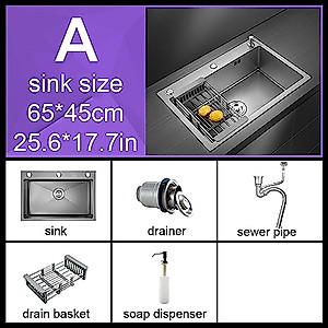 Kitchen Sink, 3 holes Nano Coating Bar Sink, Stainless Steel Workstation, Telescopic Drain Basket (Color : A, Size : 65 * 45cm)