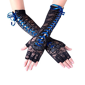 JISEN Womens Fingerless Gloves Elbow Lace Up steampunk Costume Arm Warmer Nylon Royal Blue