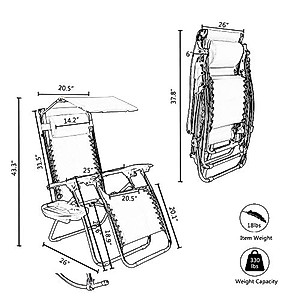 Set of 2 Non-Gravity Outdoor Lounge Chairs Sunshade Cup Holder Mobile Slot Folding Patio Chairs Canopy Tray (LEGENDARY-YES)