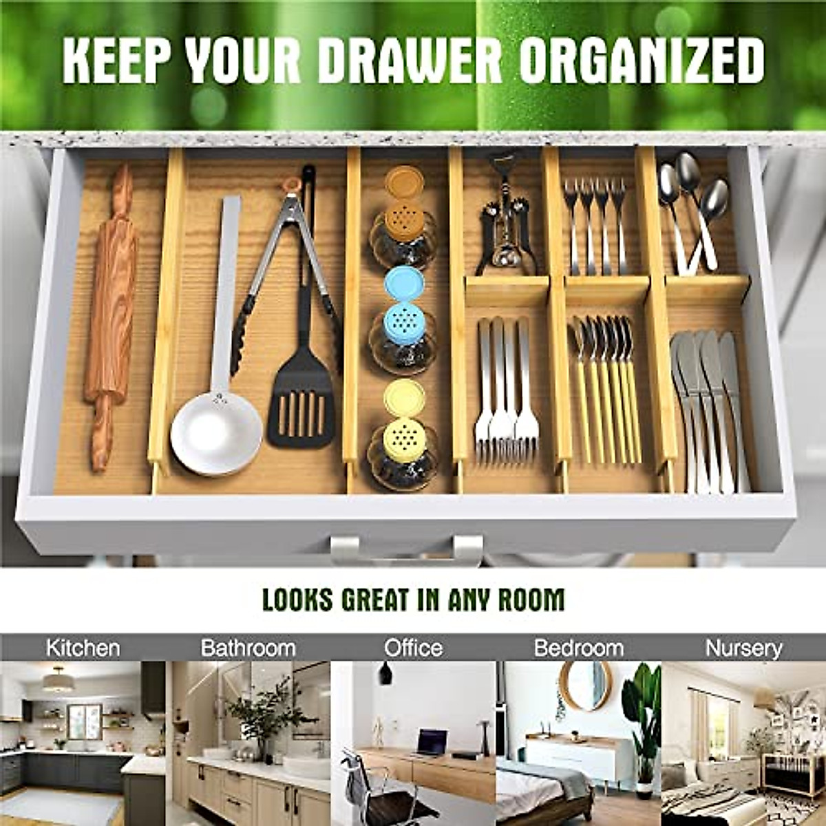ANTOWIN Bamboo Drawer Dividers, Expandable Drawer Separators Splitter, 17-22 inches Adjustable Spring-loaded Organizer for Large Utensil, Clothes, Tools Drawers, 6 Pack Dividers + 4 Pack Baffle