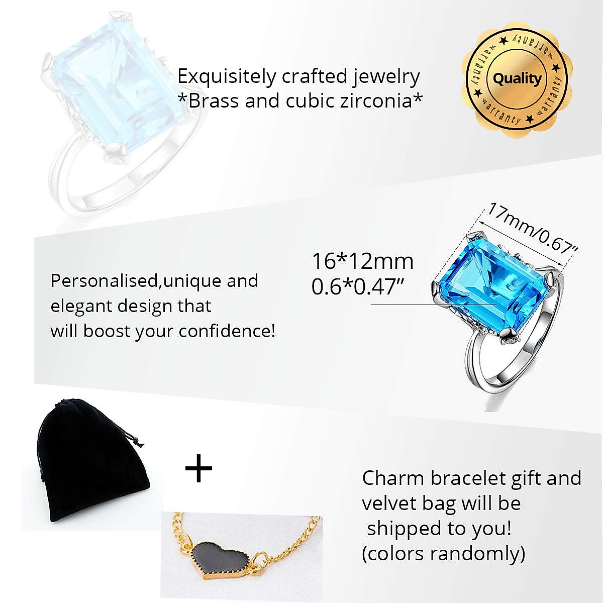 Uloveido Women Rhodium Plated Big Rectangle Blue Party Ring Emerald Cut Lab Blue Topaz Crystal Promise Engagement Rings Dainty Birth Stone Wedding Jewelry for Her Size 10 RJ292