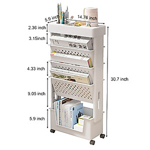 NBHH 5 Tier Book Rack Storage Bookshelf,Plastic Removable Rolling Utility Cart Multi-Functional Movable Storage Book Shelves with Wheels for Students Study Office Kitchen Classroom, White