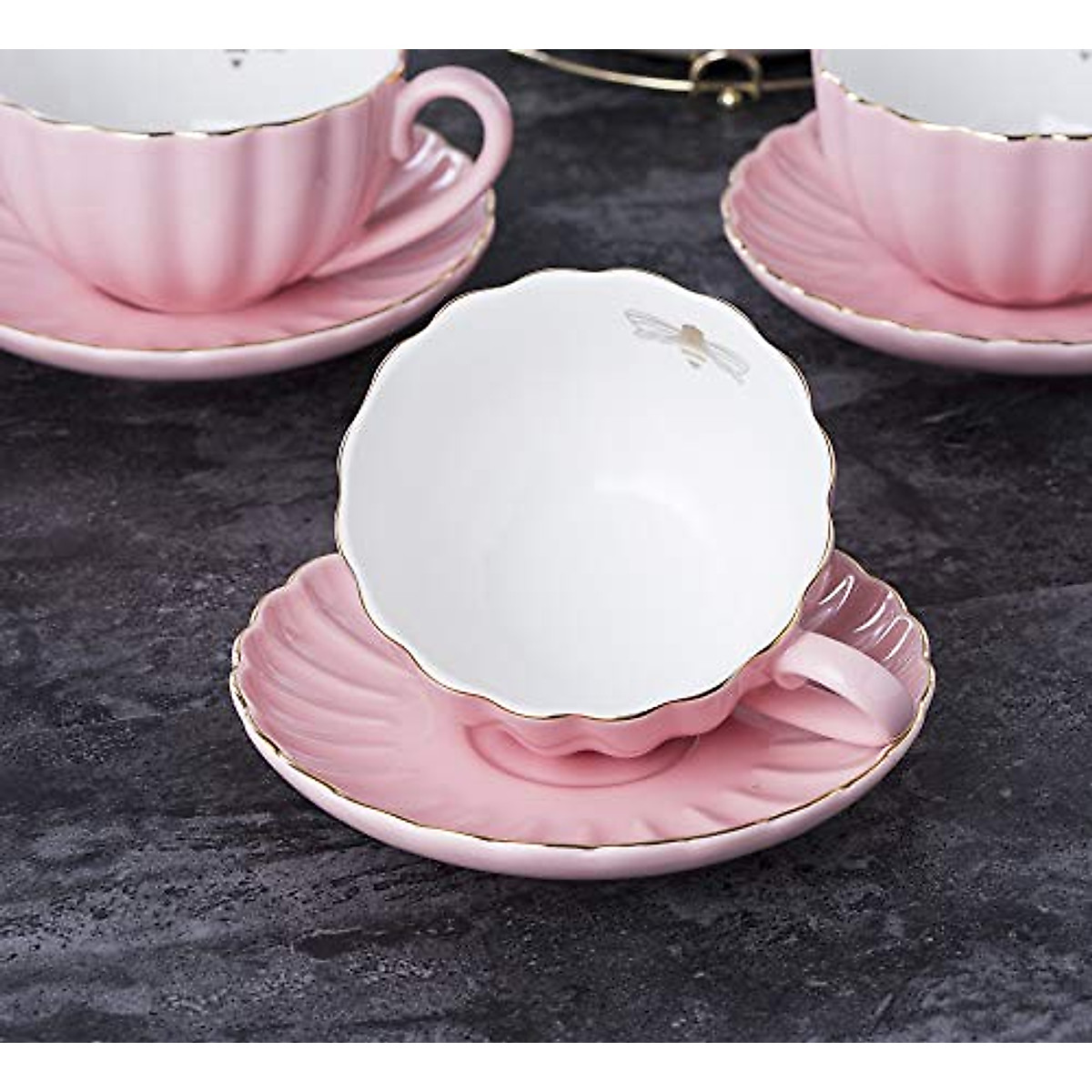 Jusalpha Fine China Pink Coffee Cup/Teacup Set, 7 OZ Cups& Saucer Service for 4, with Teapot-Sugar Bowl-Cream Pitcher Teaspoons and tea strainer for Tea/Coffee, 17-Pieces (TW Full set)
