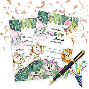 MUZRUYOU Party Animals Birthday Invitation cards with Envelopes, Wild One Animals Invitation cards, Zoo Safari Animals kids Invite (20 pack)