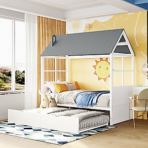 BIADNBZ Twin Size House Bed with Trundle,Wooden Playhouse Platform BedFrame with Roof and Window Design for Kids Teens Boys Girls Bedroom,No Box Spring Needed,White+Gray