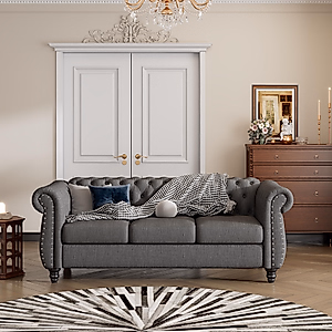 SZUBEE Living Room, 82" Modern Dutch Plush Sofa with Solid Wood Legs,Buttoned Tufted Backrest,Upholstered 3-Seater Couch for Apartment and Louge Area,Gray