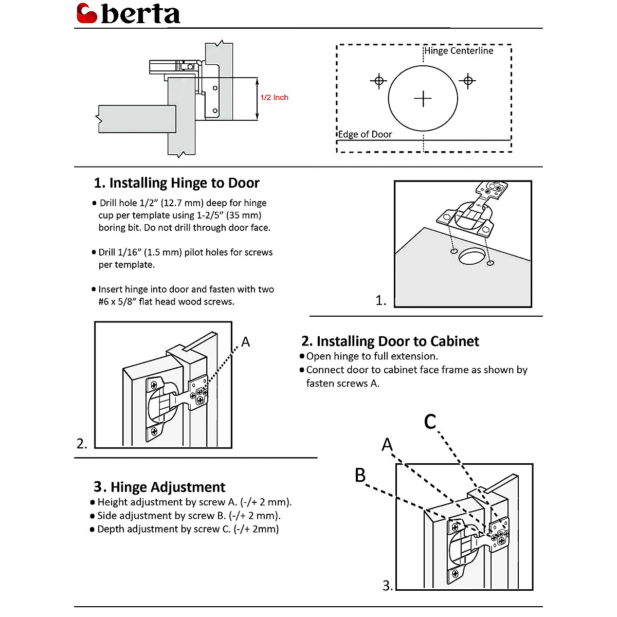 Berta (40 Pieces) 1/2 inch Overlay Soft Closing Face Frame Cabinet Hinges, 105 Degree 6-Ways 3-Cam Adjustment Concealed Kitchen Cabinet Door Hinges with Screws (1/2 in. Overlay, 40 Pieces)