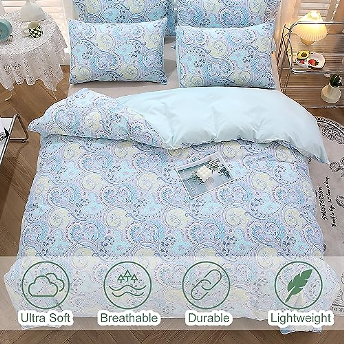 URBONUR Blue Paisley Duvet Cover Set 800TC Egyptian Cotton Sateen Silky Bedding Set, Bohemian Bedding Twin Duvet Cover, Crisp Cooling Bed Set (3 Pieces, Blue Paisley, Twin)