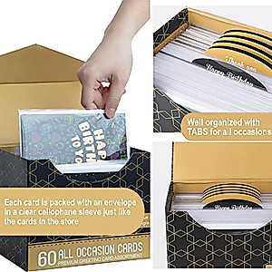 40 Unique Birthday Cards + 20 All Occasion Greeting Cards, Individually Packed Rose Gold Foil Large 5”x7” Thank You, Anniversary Cards, Simple Message Inside, Magnetic Box Variety Set w/Thick Envelope