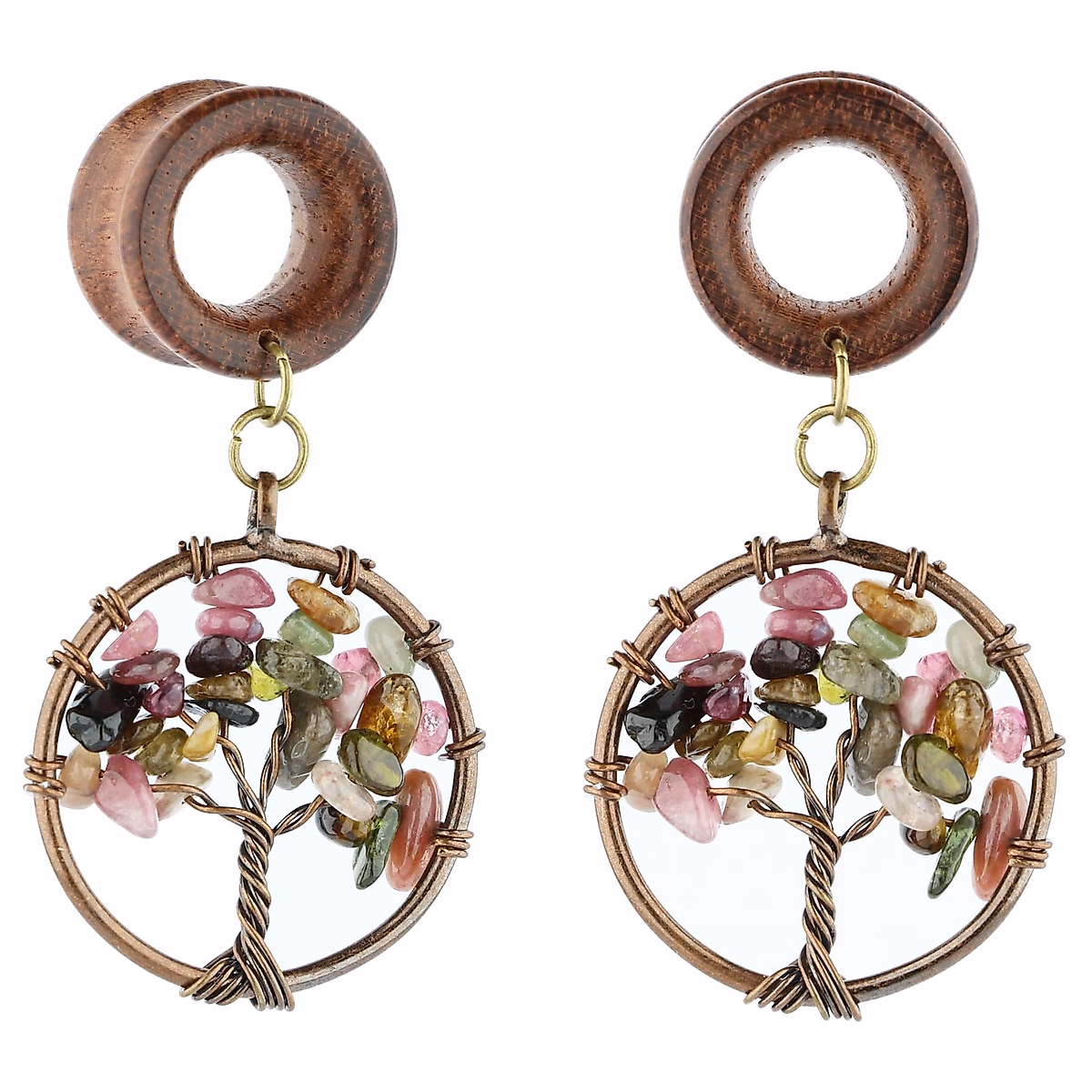 0G 8mm Multicolor Tourmaline Tree of Life Wood Dangle Ear Gauges Piercing Flesh Tunnels Plugs Stretching Kit Expander