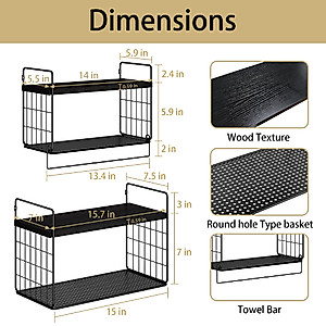 ENPKLUTE Bathroom Shelves Over Toilet Set of 2, Floating Bathroom Shelves Wall Mounted, Bathroom Shelf with Towel Bar & Toilet Paper Basket, Rustic Wall Shelves for Bathroom, Bedroom, Kitchen, Black