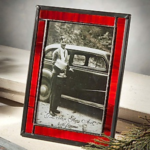 Red Stained Glass Picture Frame for Home Décor, Office, Desk, Table Top 4x6 Photo Horizontal Vertical Easel Back Series J Devlin