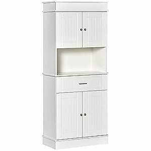 HOMCOM 72" Kitchen Buffet with Hutch, Freestanding Pantry Cabinet with Utility Drawer, 2 Door Cabinets, Adjustable Shelves and Countertop, White Wood Grain