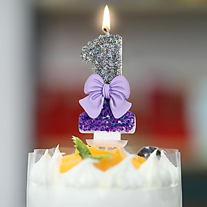 Birthday Number Candles Purple Bow Birthday Cake Candles Glitter Sequins Number 1 Candle for Cake Decoration Women Girls Birthday Anniversary Commemorative Party Supplies(Number 1)