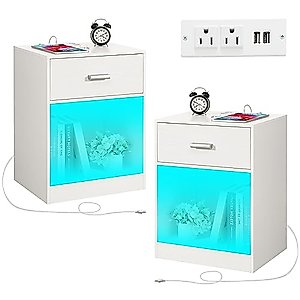 Quimoo Nightstand Set of 2, Night Stand with Charging Station and LED Light, Bedside Table with 1 Drawer, Modern Nightstand with 1 Open Storage Storage for Living Room,White