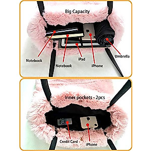 FHQHTH Faux Fur Tote Bag Fluffy Shoulder Bags for Women Fuzzy Handbag Evening Bags Big Capacity [Dark Pink, Magnet]