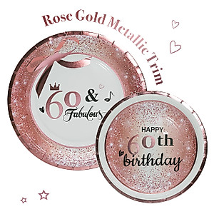 HOMIX 60 and Fabulous Party Plates Napkins Cups Sets Rose Gold with Plastic Cutlery Sets Serves 24 for Women 60th Birthday Party Supplies and Decorations