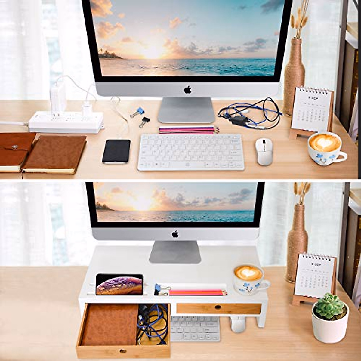 Computer Monitor Stand with Drawers - White Wood Laptop Screen Printer TV Riser 22.05L 10.60W 4.70H inch, Desk Organizer in Home&Office