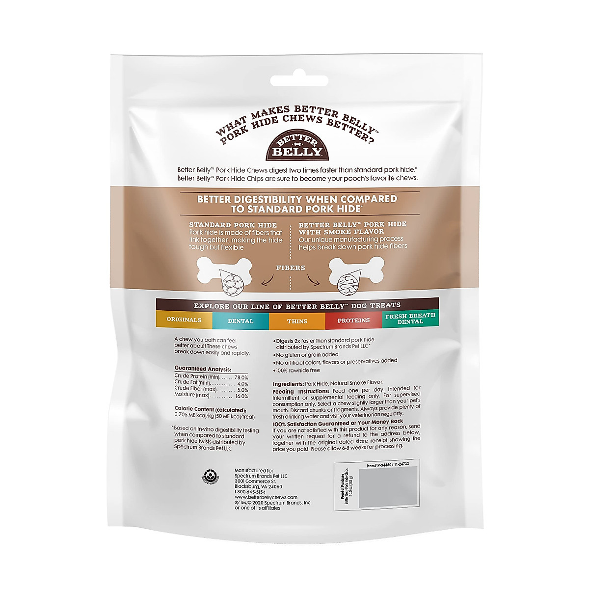 Better Belly Pork Hide Chips with Smoke Flavor, Digestible Pork Hide for Dogs (1 CASE of 12 Individual Packs of 10.0 OZ), (P-94450-1)