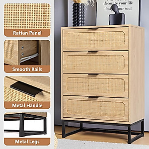 affeivul Mid Century Modern Dresser, 4 Drawer Rattan Dresser for Bedroom Wood, Boho Wooden Rattan Storage Cabinet Side Table with Solid Metal Legs, Tall Skinny Dresser for Closet (Natural)