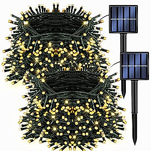 Dazzle Bright 2 Pack 200 LED 66 FT Warm White Christmas Solar String Outdoor Lights, Solar Powered with 8 Modes Waterproof Fairy Lights for Bedroom Patio Garden Tree Party Yard Decoration