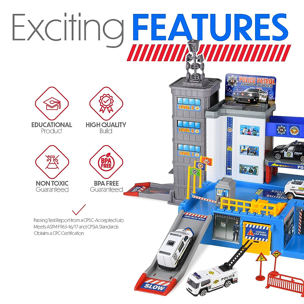 Toysical Police Car Toys for Boys - Cars Playsets - Police Toys with Track, Garage, 6 Police Car Toy Vehicles, 2 Police Men, 1 Helicopter - Best Gift for Boys 4, 5, 6 Year Old Kids