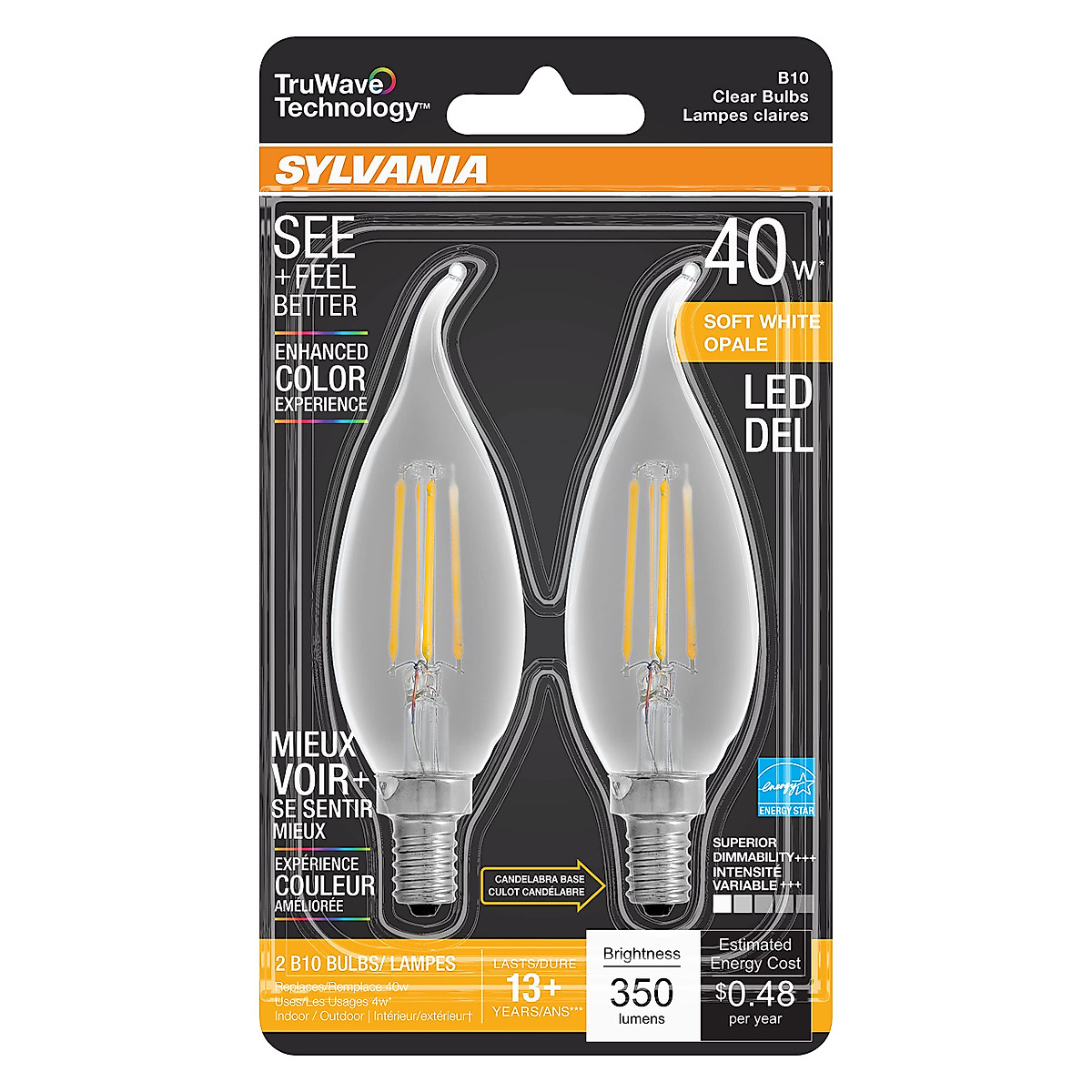 LEDVANCE SYLVANIA LED TruWave Natural Series Décor Light Bulb, B10 Chandelier 40W Equivalent, Efficient 4W, Candelabra Base, Dimmable, 350 Lumens, 2700K, Clear, Soft White - 2 Pack (40755)