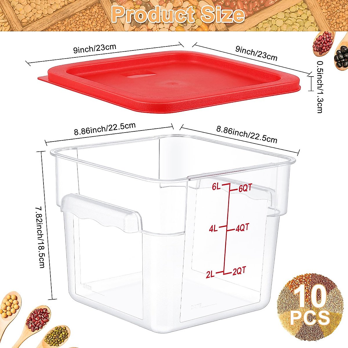 Ziliny 10 Sets 6 Qt Square Food Storage Containers with Lids Commercial Polycarbonate Containers with Scale Clear Airtight Cereal Storage Containers for Pantry Home Restaurant