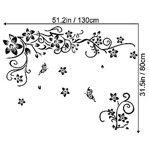 LiveGallery Removable Black Vinyl Flowers Wall Decals DIY Flower Vines and Butterfly Wall Stickers Decor Peel Stick Art Decoration for Teens Room Baby Girls Bedroom Living Room Home Wall Corner
