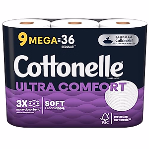 Cottonelle Ultra Comfort Toilet Paper, 2-Ply, Strong Tissue, 9 Mega Rolls (9 Mega Rolls = 36 Regular Rolls) 268 Sheets per Roll (Packaging May Vary)