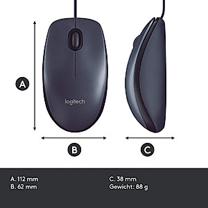 Logitech M100 Wired USB Mouse, 3-Buttons, 1000 DPI Optical Tracking, Ambidextrous PC/Mac/Laptop - Dark/Black