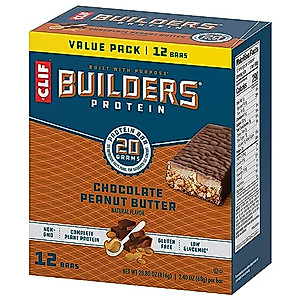 CLIF Builders - Chocolate Peanut Butter Flavor - Protein Bars - Gluten-Free - Non-GMO - Low Glycemic - 20g Protein - 2.4 oz. (12 Pack)