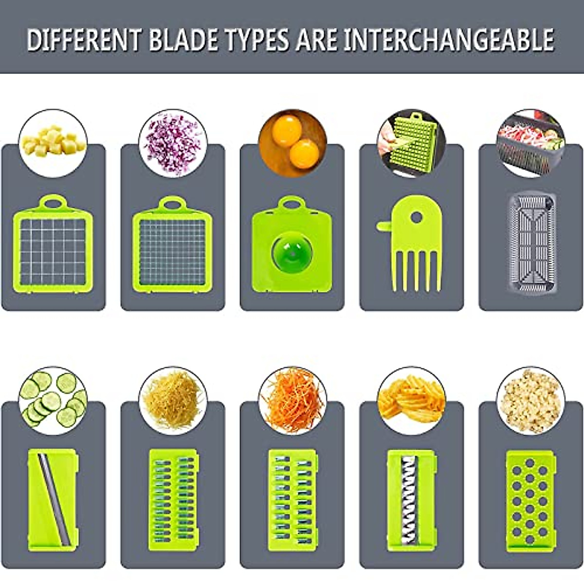 Vegetable Chopper, Onion Mandolin Slicer, DLD Pro 12 in 1 Professional Food Chopper Multifunctional & Dicer, Adjustable with Container, Gray, 12.5x4.5x4.5in, (RHG-004)