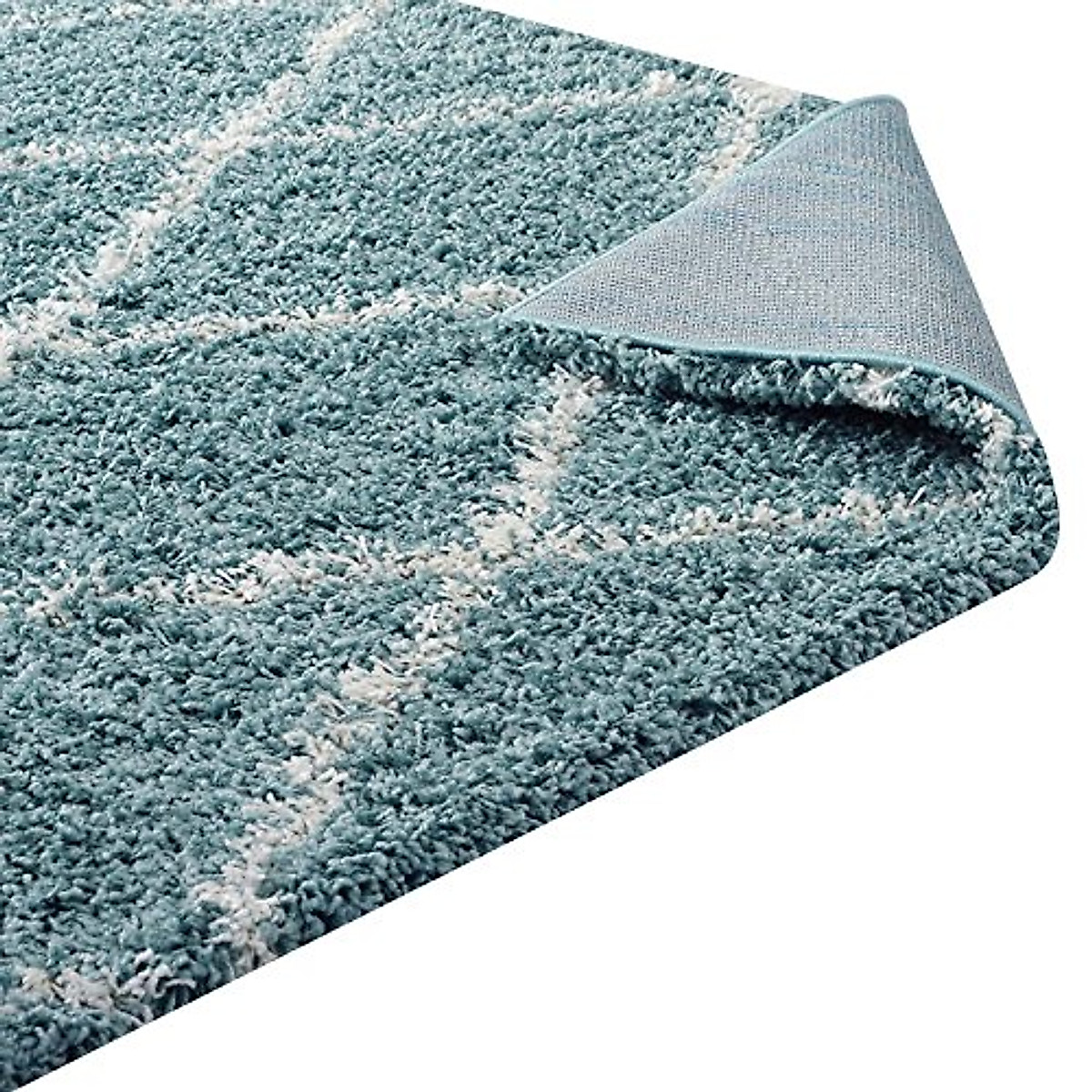 Modway Toryn Diamond Trellis 5x8 High Pile Shag Area Rug With Lattice Design In Aqua Blue and Ivory