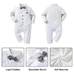 HOSUKKO Baby Suit, One-Piece Romper & Beret & Bow Tie,Toddler Boys Bowtie Outfits Sets for Special Occasion (Long Sleeve, 0-24 Months),White,3-6M