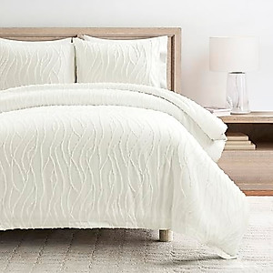 Lush Decor Jacquard Wave Duvet Cover Set, 3 Piece Set, King, Soft White - Textured Bedding Set - Tufted Clip Jacquard Design - White Duvet Cover - Cottage & Coastal Bedroom Decor