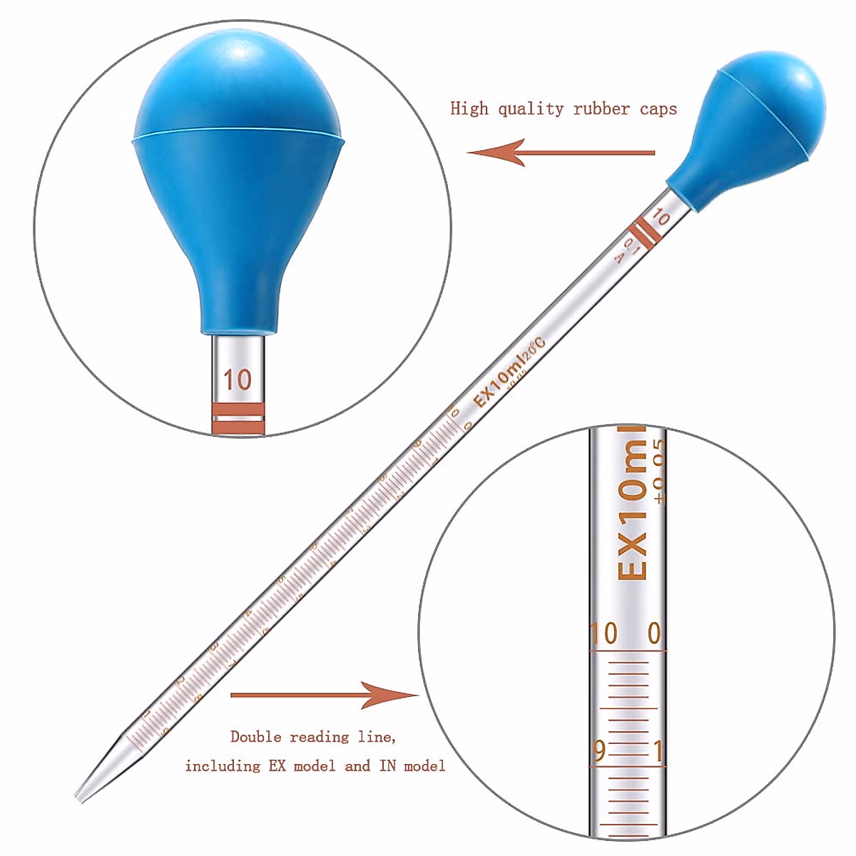 10ML Glass Graduated Droppers Pipettes Dropping Pipettes Fluid and Liquid Pipettors with Big Rubber Caps 4 Pcs