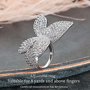 dnswez Silver Double Finger Ring, Statement Big Butterfly Open Adjustable Rings Silver Full CZ Flower Cocktail Rings Jewelry Gifts - Mothers Day Gifts (Light Gray, Adjustable)