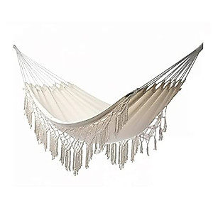 Handmade Boho Large Brazilian Fringed Macramé Double Deluxe Hammock Swing Bed with Carry Bag for Bedroom,Yard,Beach,Patio,Indoor,Outdoor & Wedding Party Decor, 95" Lx 62" W (White)