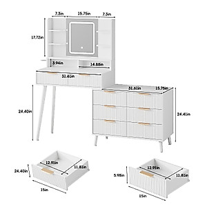 Maupvit Vanity Desk with Mirror and Lights, Makeup Vanity with 8 Drawers & Shelves, Corner Vanity, L Shape Change & Storage, Dressing Table for Bedroom (White)