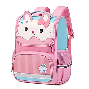 ASKSKY Kids Backpack for Girls, Kawaii Cartoon School Backpack Wide Open Bookbag for 5-10 years old with Reflective Strip, Blue Kitty