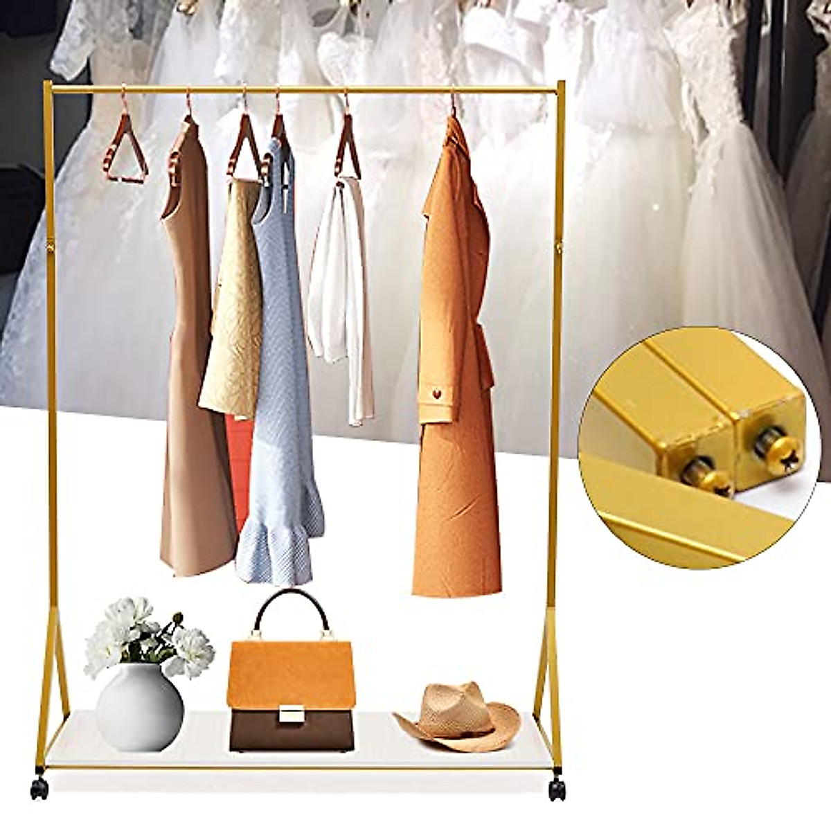 Metal Gold Clothing Rack with Shelves and Universal Wheel,Freestanding Clothing Rack for Hanging Clothes Rack,Heavy Duty Rolling Garment Rack Retail Display for Wedding Dress Bridal Garment Rack Stand