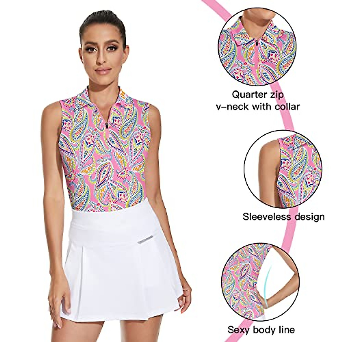 Soneven Women's Golf Shirts Sleeveless Floral Athletic Polo Shirts Moisture Wicking Tennis Shirts Paisley