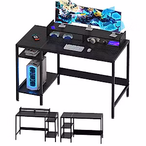 MINOSYS Computer Desk - 47” Gaming Desk, Home Office Desk with Storage, Small Desk with Monitor Stand, Storage Space-Savor, Modern Table, Black.